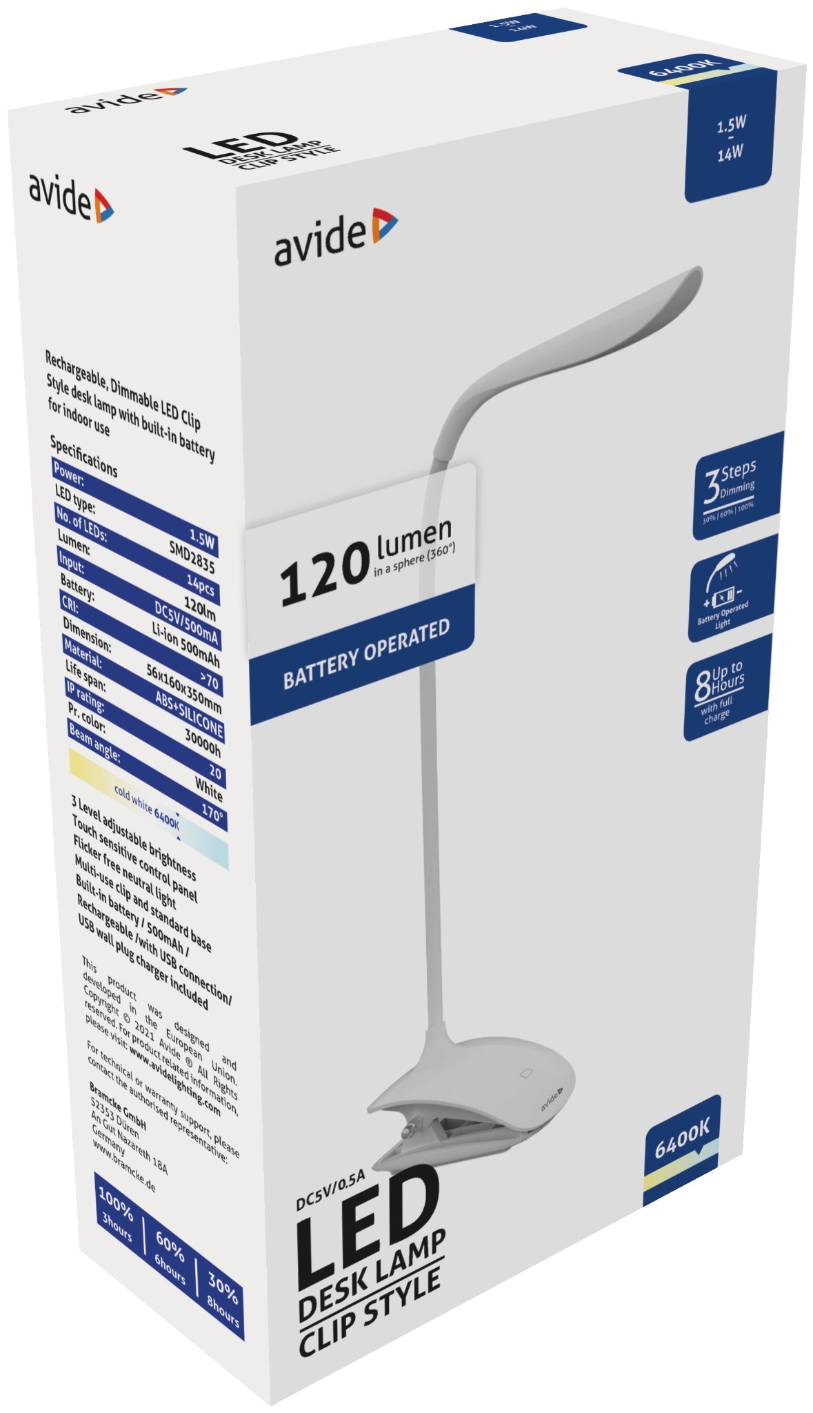 Avide LED asztali lámpa, csíptethető, fehér, 1.5W - Műszaki Pince