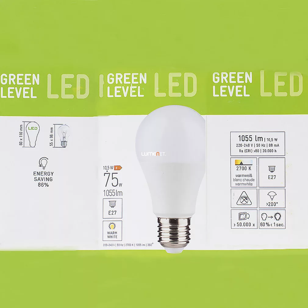 LED izzó, E27, 10.5W~75W, meleg fehér – Green Level - Műszaki Pince