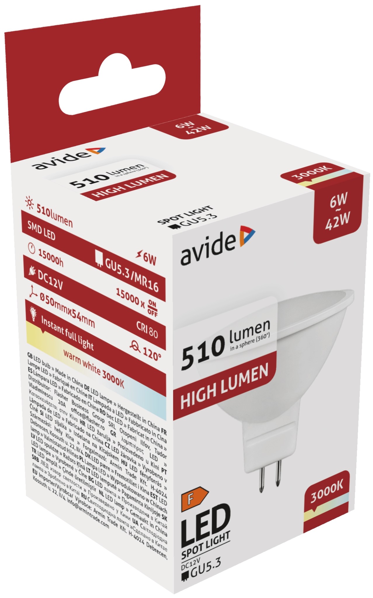 AVIDE, 6W~42W, GU5.3, 510lm, meleg fehér LED égő - Műszaki Pince